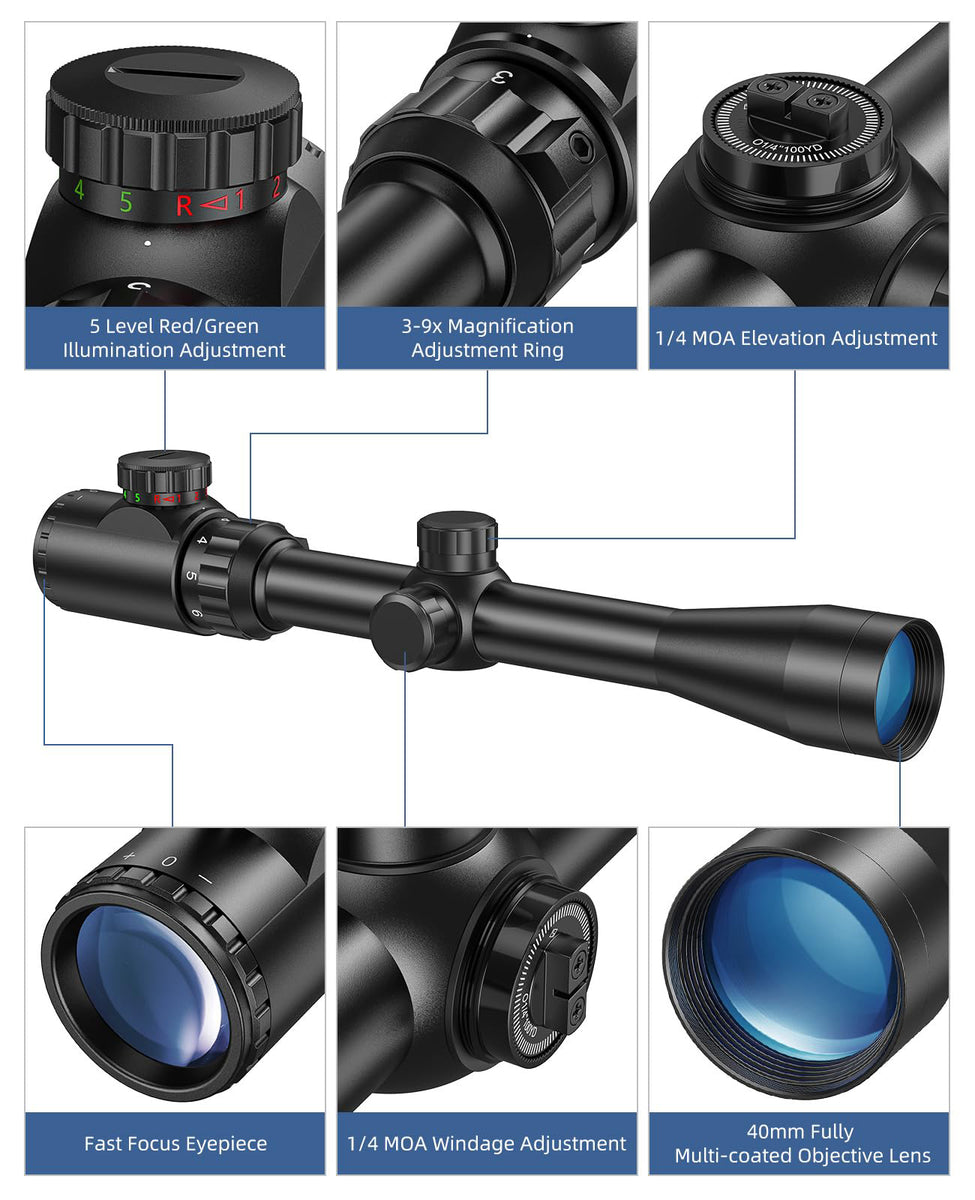 EZshoot 3-9x40 Rifle Scope Red Green Illuminated Rifle Scope