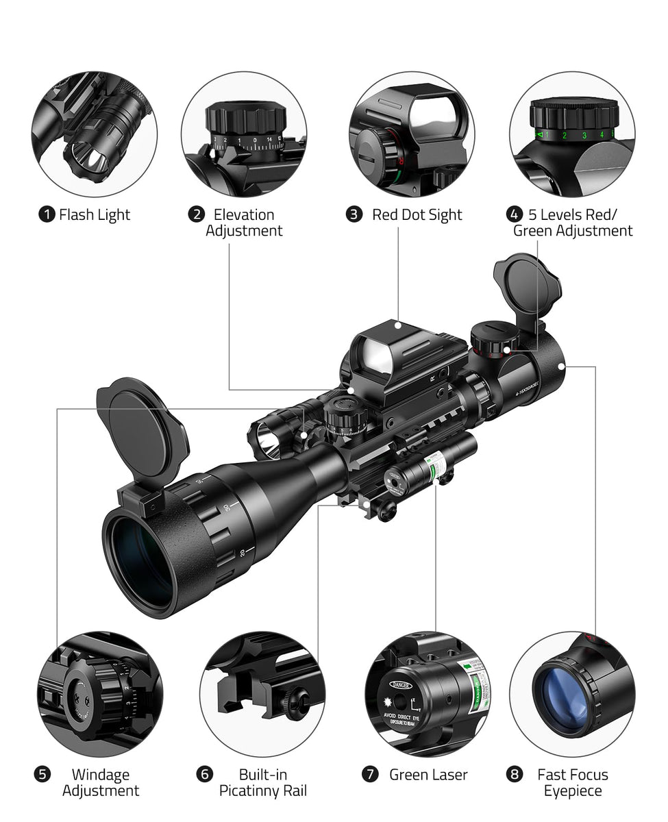 EZshoot 4-16x50 AO Rifle Scope & Red/Green Dot Sight & Laser Sight & F