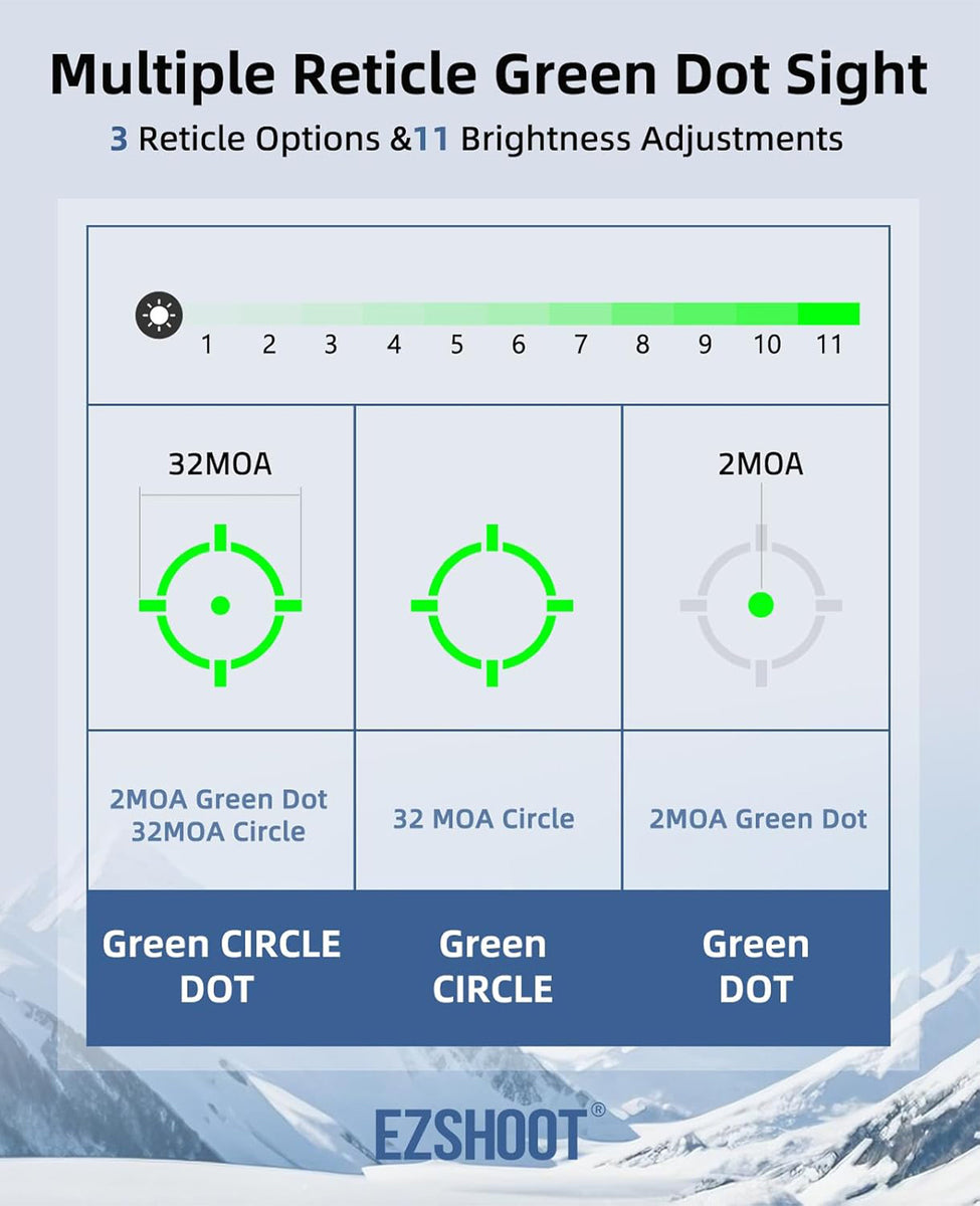 EZshoot Multiple Reticle Red/ Green Dot Sight with 2MOA Dot & 32MOA Ci